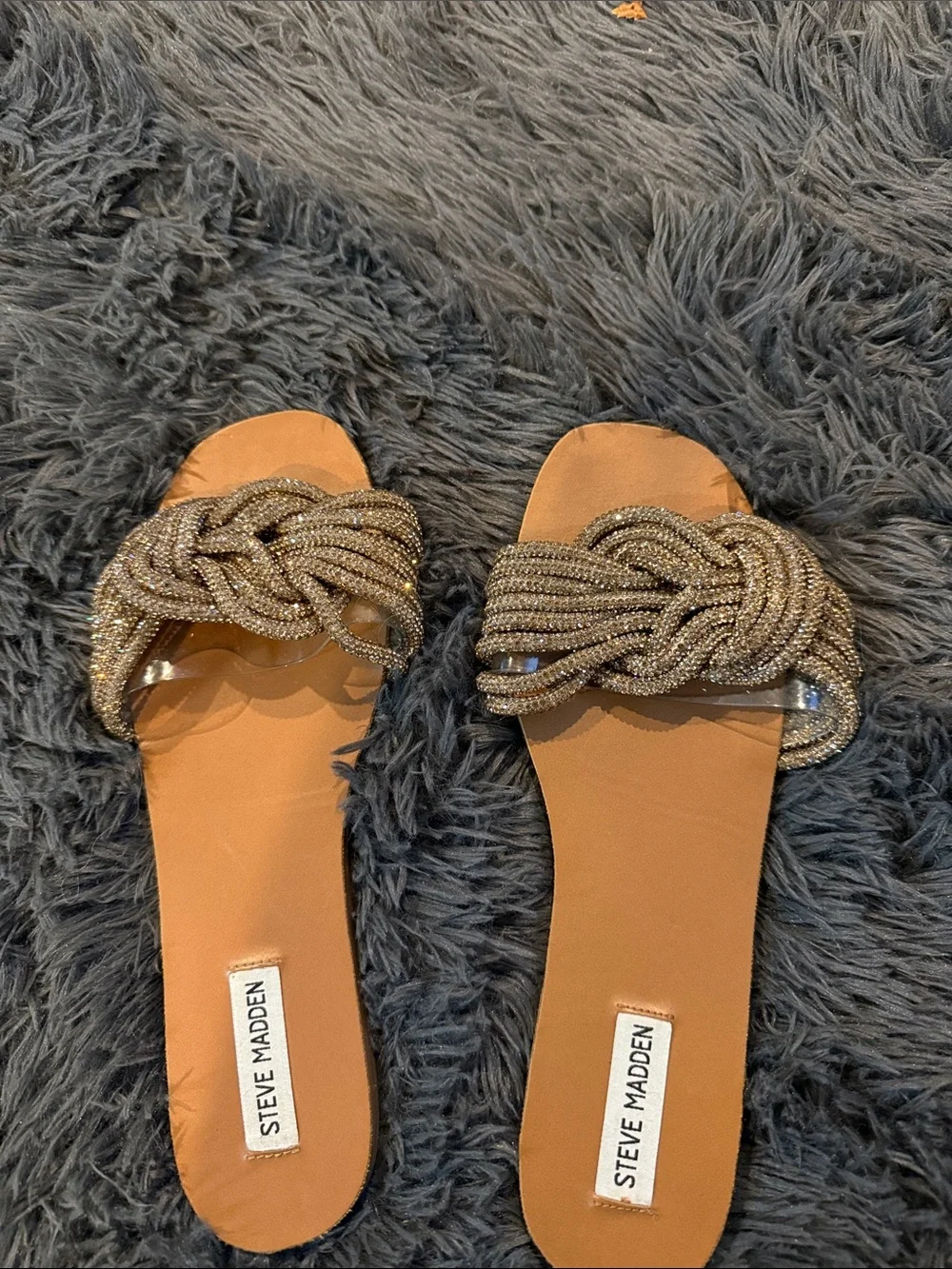 Steve Madden | Shoes | Steve Madden Tan Slides With Gold Beaded Knot ...